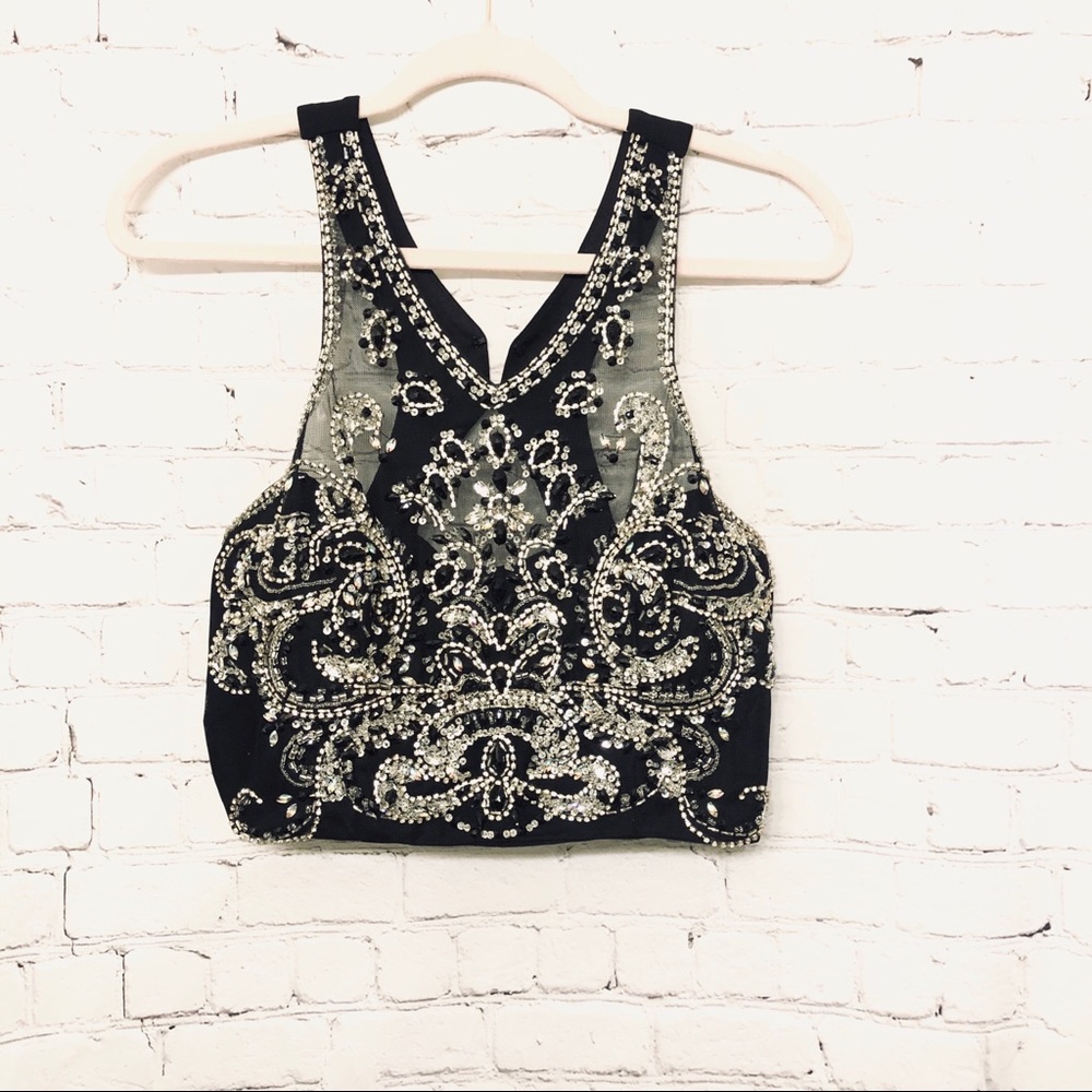 Crystal Doll Jewel Encrusted Black Formal Crop Top - Gem